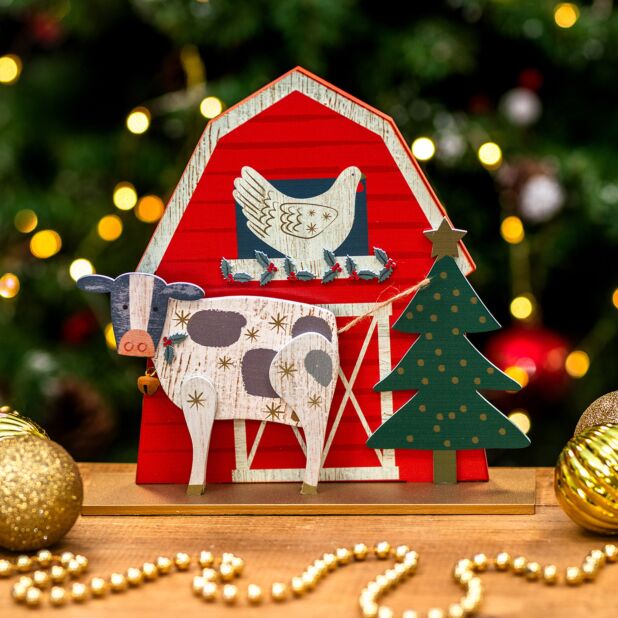 Gisela Graham Wooden Red Barn with Cow & Hen Ornament | Temptation Gifts